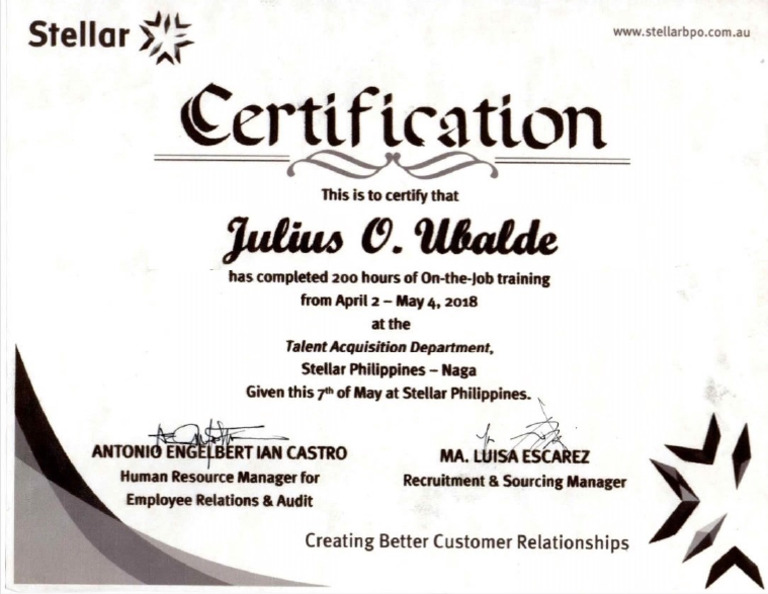 Stellar OJT Certificate New | PDF