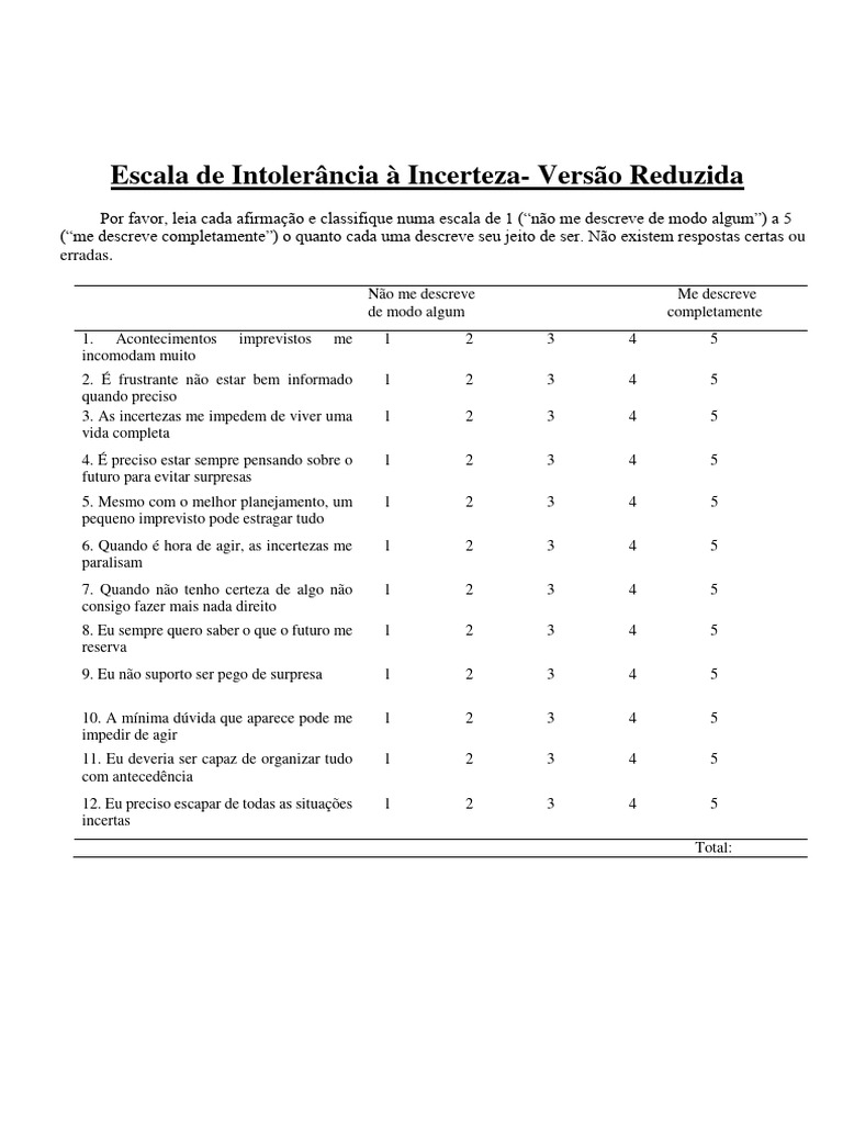 Escala de Intolerância À Incerteza - Reduzida (IUS-12) | PDF