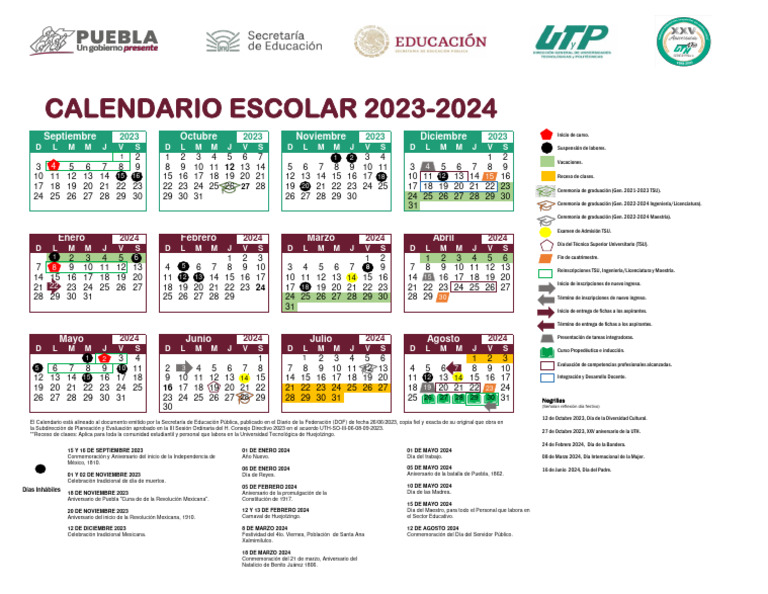 Calendario Escolar 2023 2024 Oficial UTH | PDF