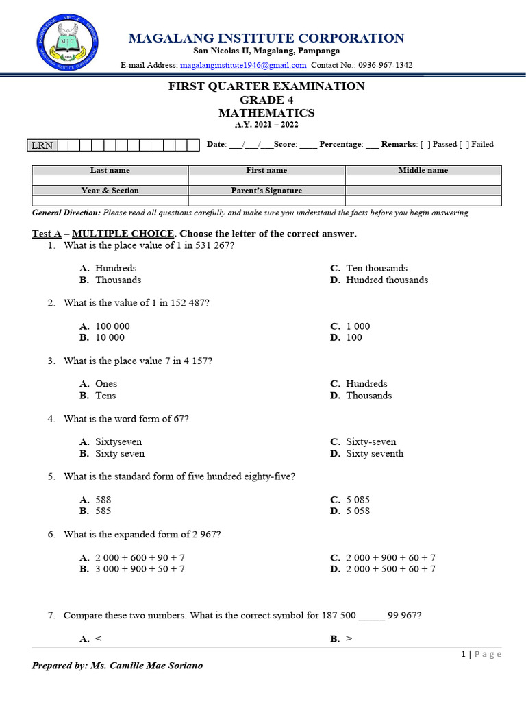 Grade 4 Mathematics Exam 2021-2022 | PDF