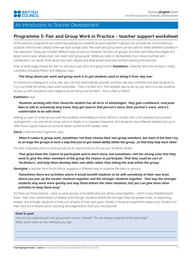 Pair and Group Work in Practice | Download Free PDF | Classroom | Teachers