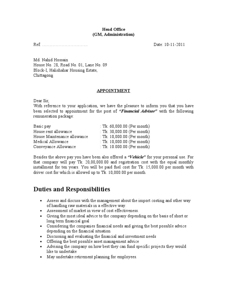 Appointment Letter | Financial Adviser | Economies