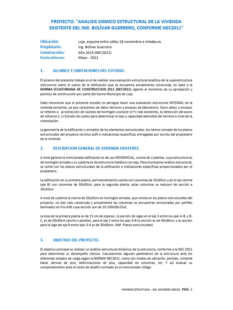 Informe Estructural de Vivienda Antigua | PDF | Hormigón | Columna