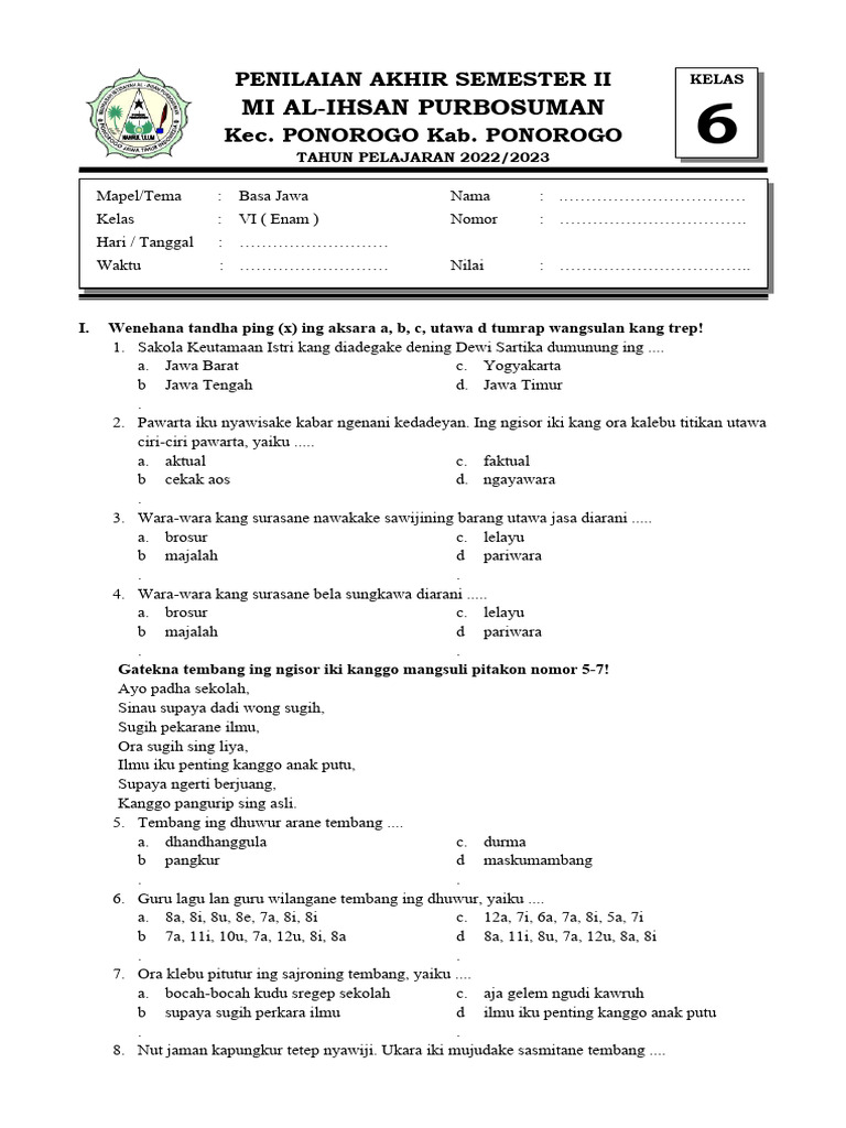 Soal Pas Genap Kelas 6 Bhs. Jawa | PDF
