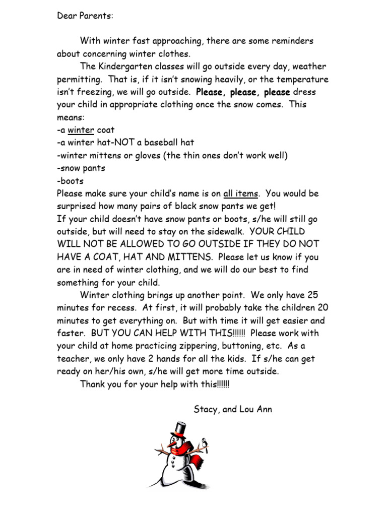 Winter Clothing Reminder for Parents | PDF