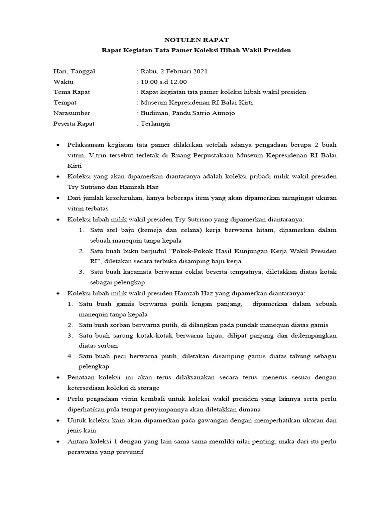 NOTULEN RAPAT 2 Februari 2022 Kegiatan Tata Pamer Koleksi Hibah Wakil ...