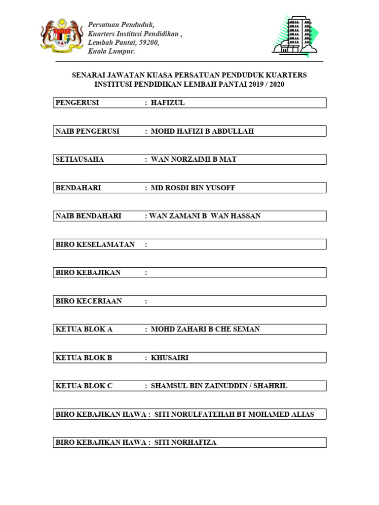 Senarai Nama Ajk Dan Penghuni Kuarters 2019 | PDF
