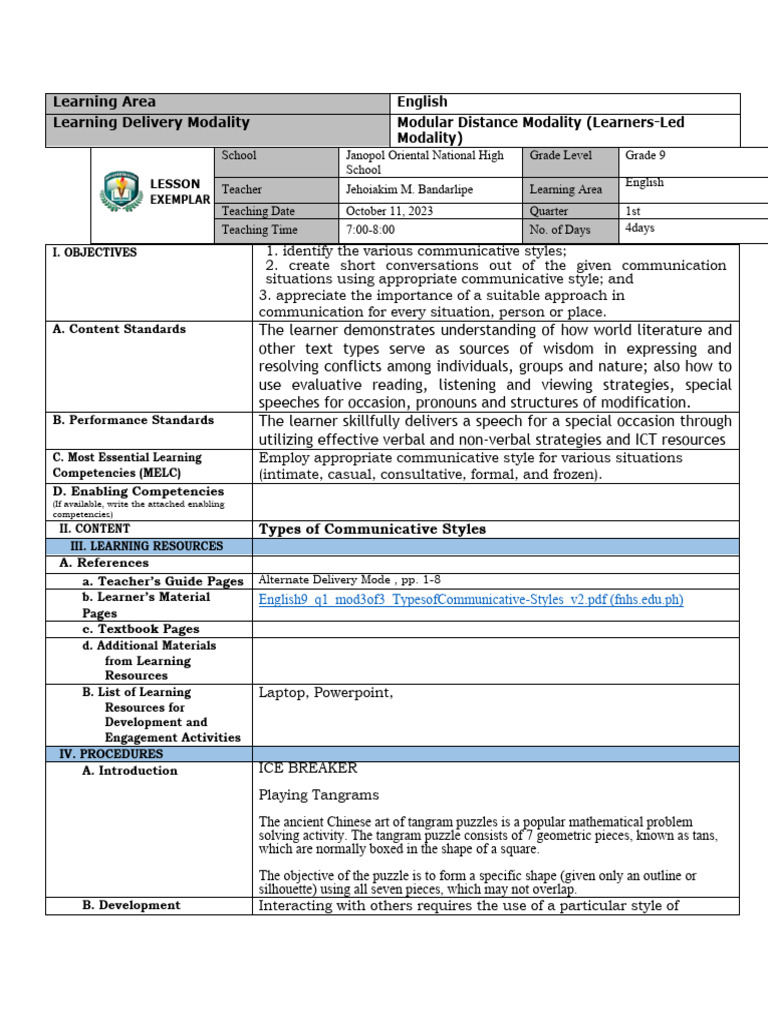 COT1 | PDF | Learning | Communication