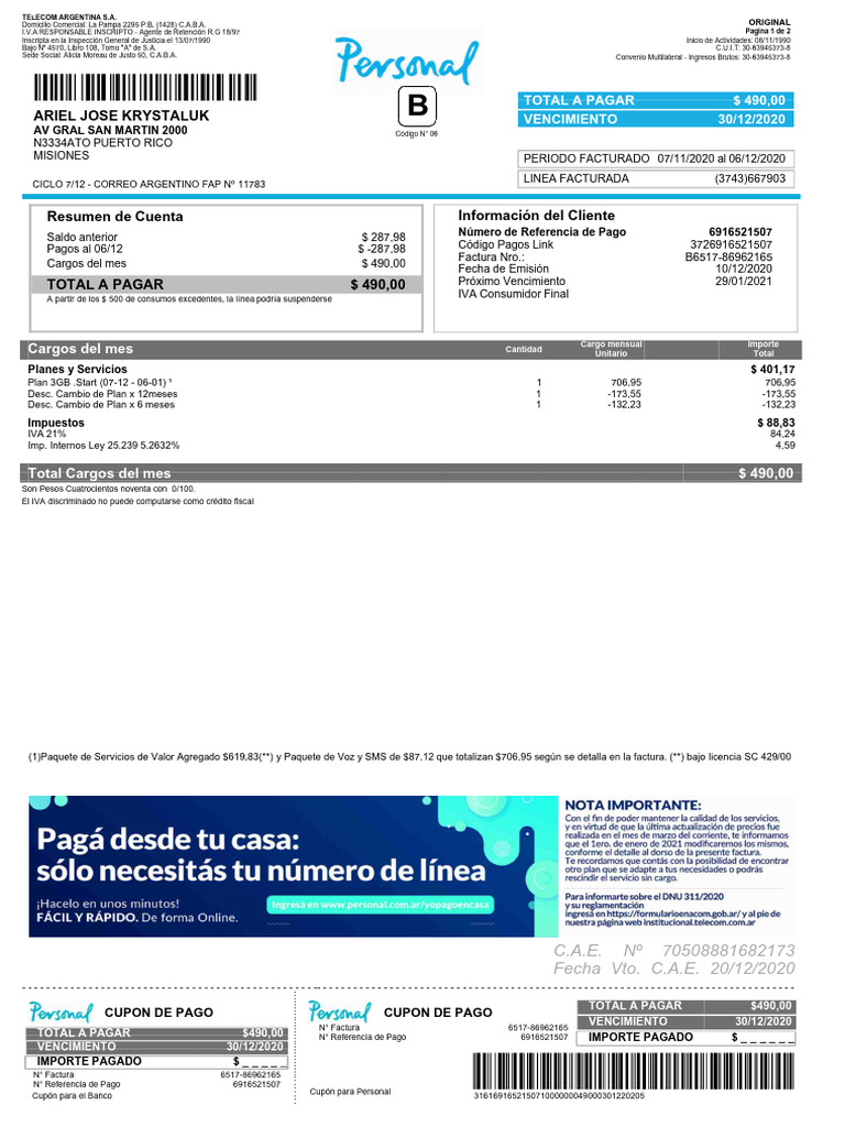 Factura Telecom Argentina: Detalles y Pago | PDF | Cheque | Bancos