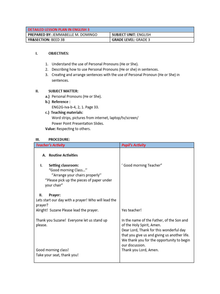 Sample Detailed Lesson Plan in English | PDF | Lesson Plan