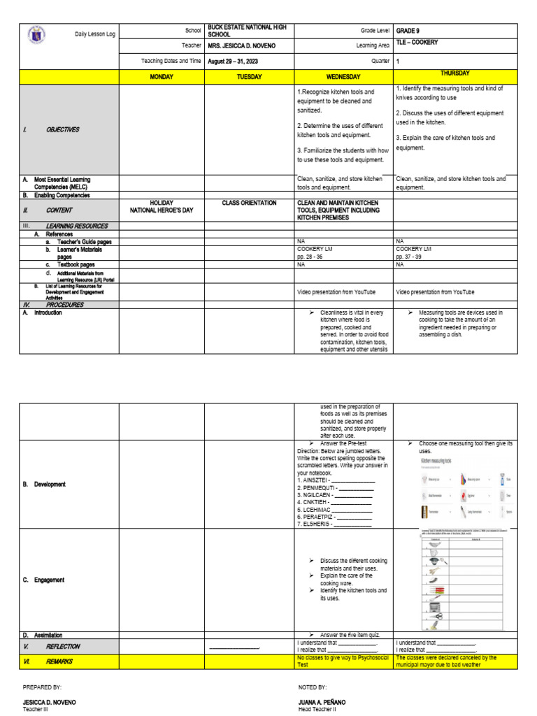 Q1 DLL TLE9 Aug. 29 - 31, 2023 | PDF | Kitchen | Learning