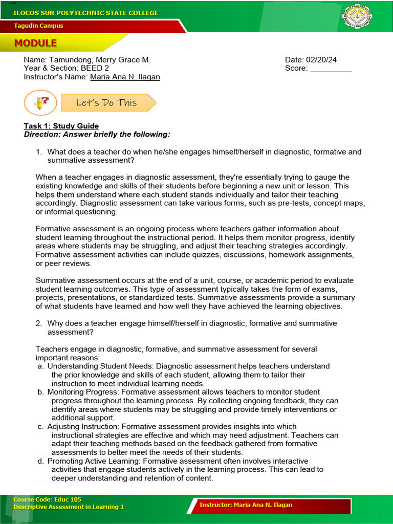 Module 1 Task 1-1 Tamundong Merry Grace | PDF | Educational Assessment | Learning