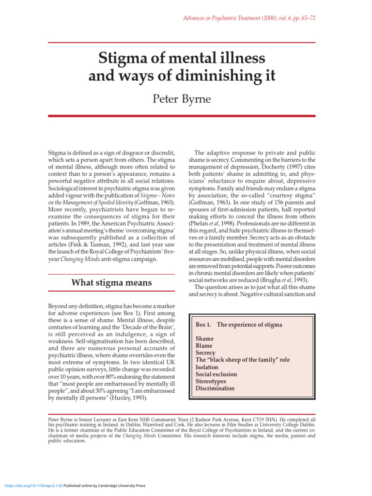 Stigma of Mental Illness and Ways of Diminishing It | PDF | Social ...