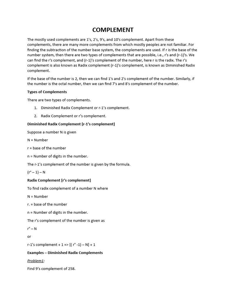 Complements Notes | PDF | Subtraction | Encodings