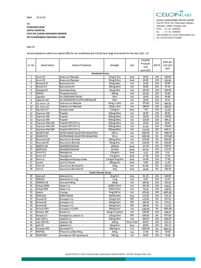 Goyal Hospital Rate Quotation 2022-23 | PDF | Drugs | Pharmacology