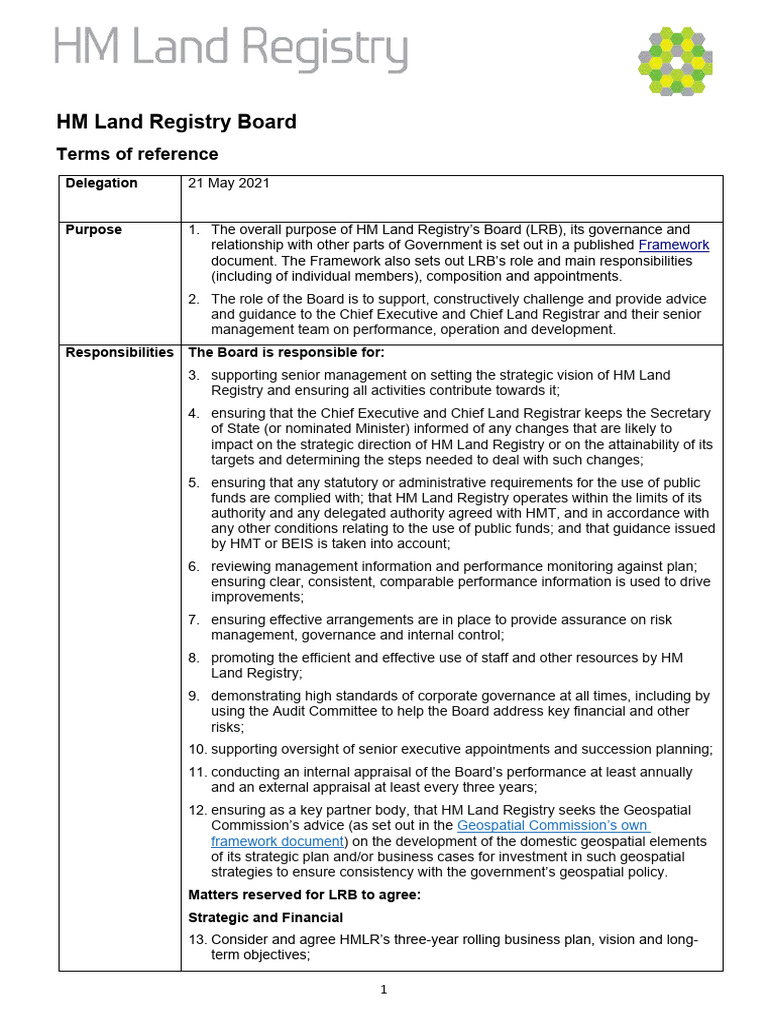 HM Land Registry Board Terms of Reference 3 | PDF | Governance ...