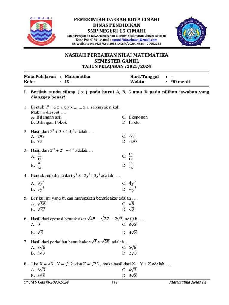 Naskah Perbaikan Nilai Matematika Kelas Ix | PDF