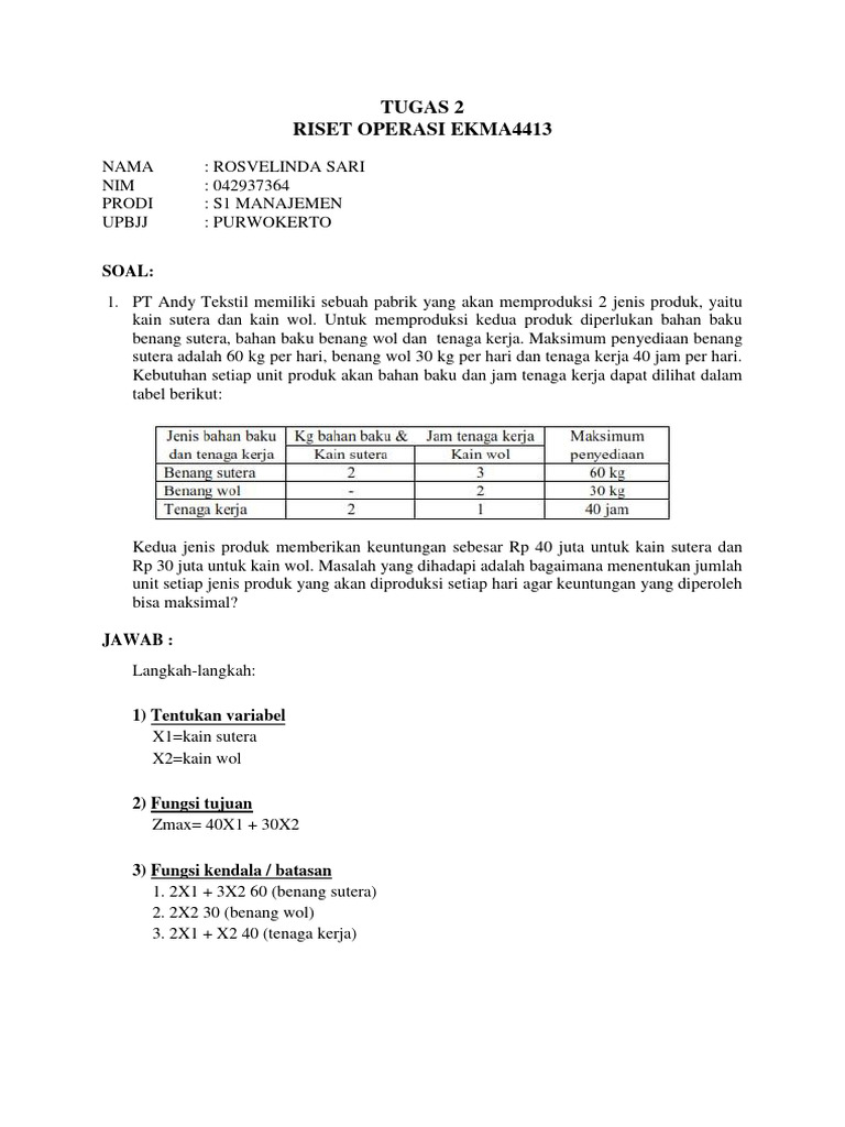 Rosvelinda Sari - 042937364 - Tugas 2 Riset Operasi EKMA4413 | PDF