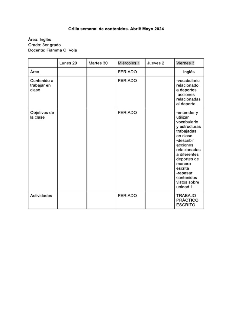 3rd Grade Agenda Semanal | PDF