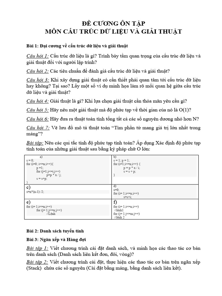 Đề cương ôn tập môn CTDL>1 | PDF