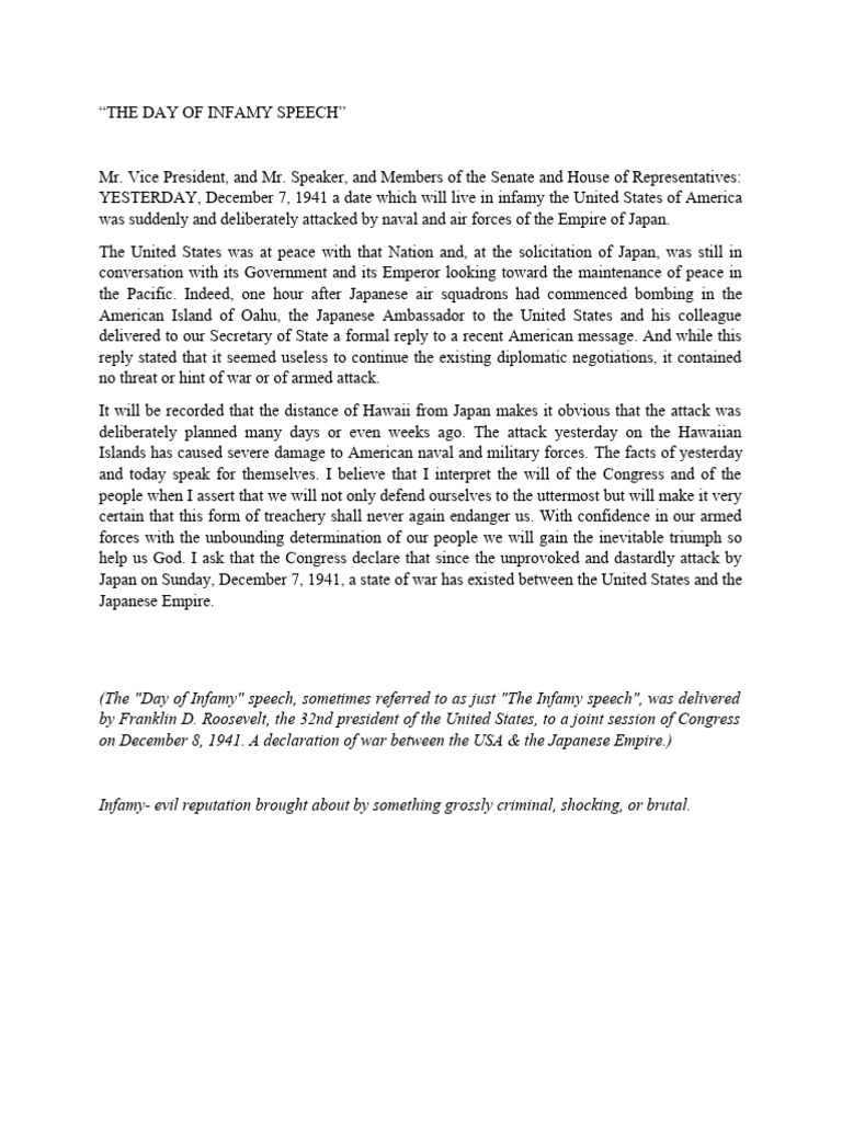 The Day of Infamy Speech | PDF