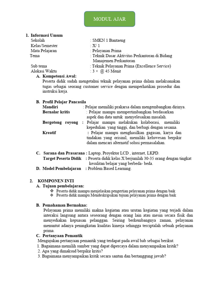 MODUL AJAR Pelayanan Prima | PDF