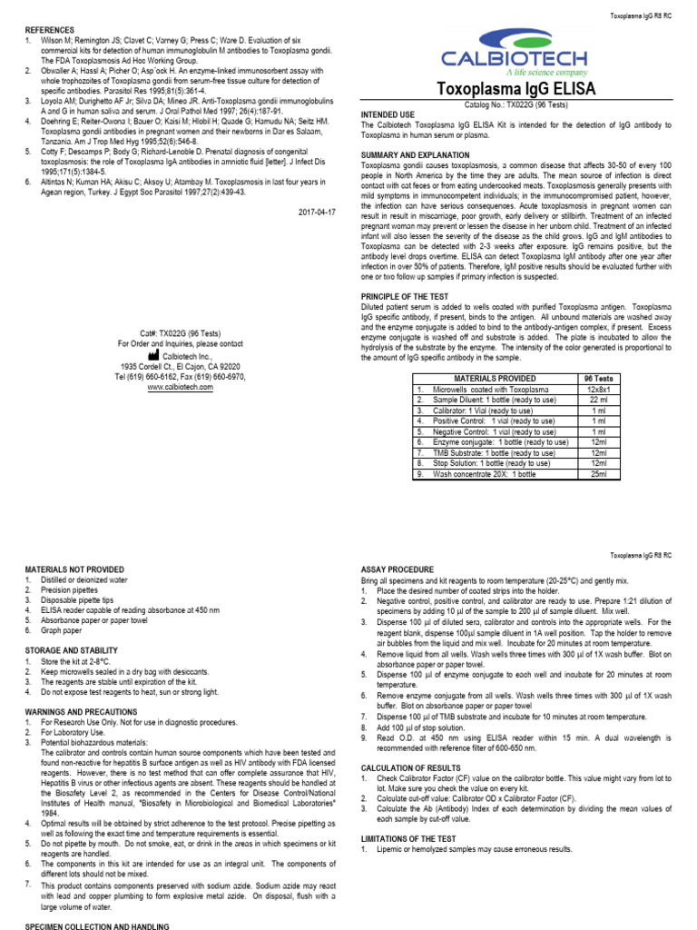 IgG Toxoplasma Calbiotech | PDF | Elisa | Antibody