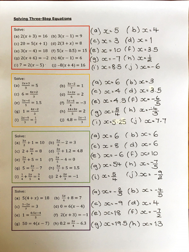 Solving Three Step Equations Practice Strips Answers | PDF