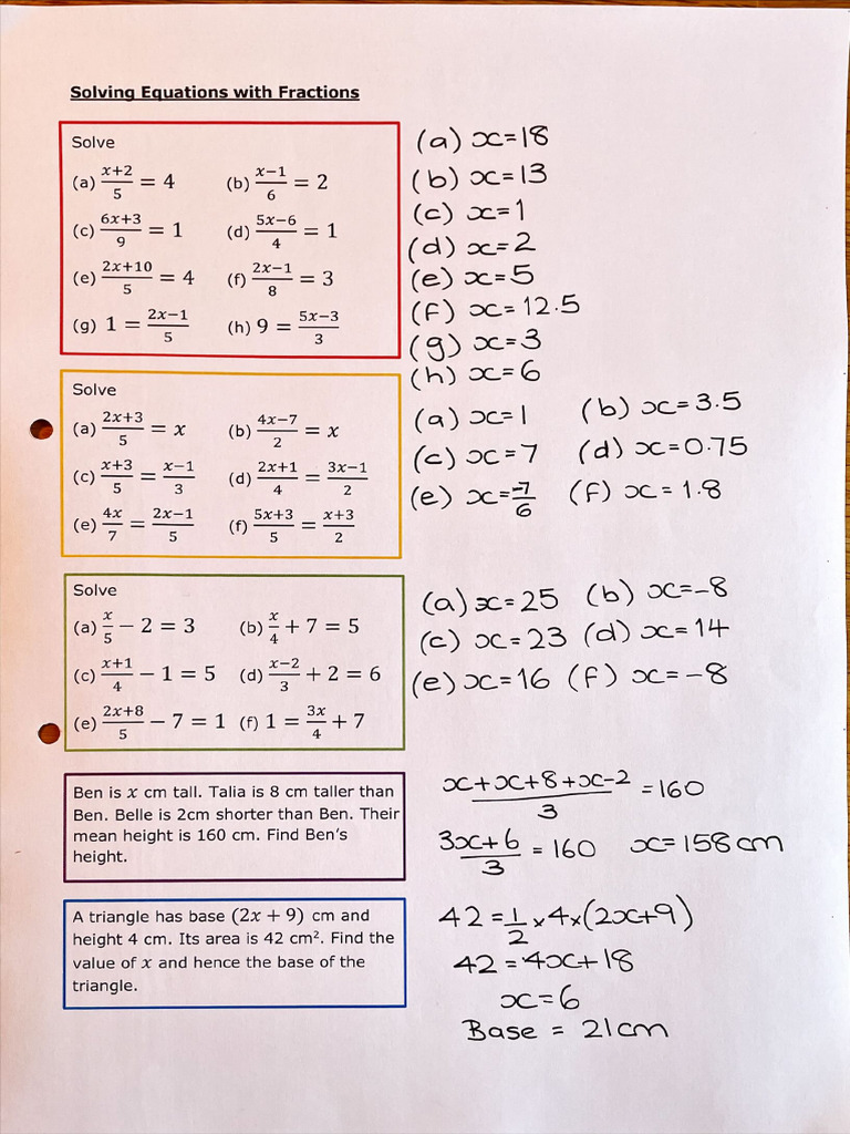 Solving Equations With Fractions Practice Strips (Answers) | PDF