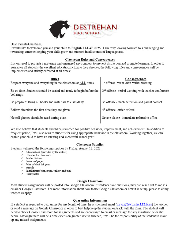 Fall 2022 Parent Letter - English I | PDF | Teachers | Adolescence