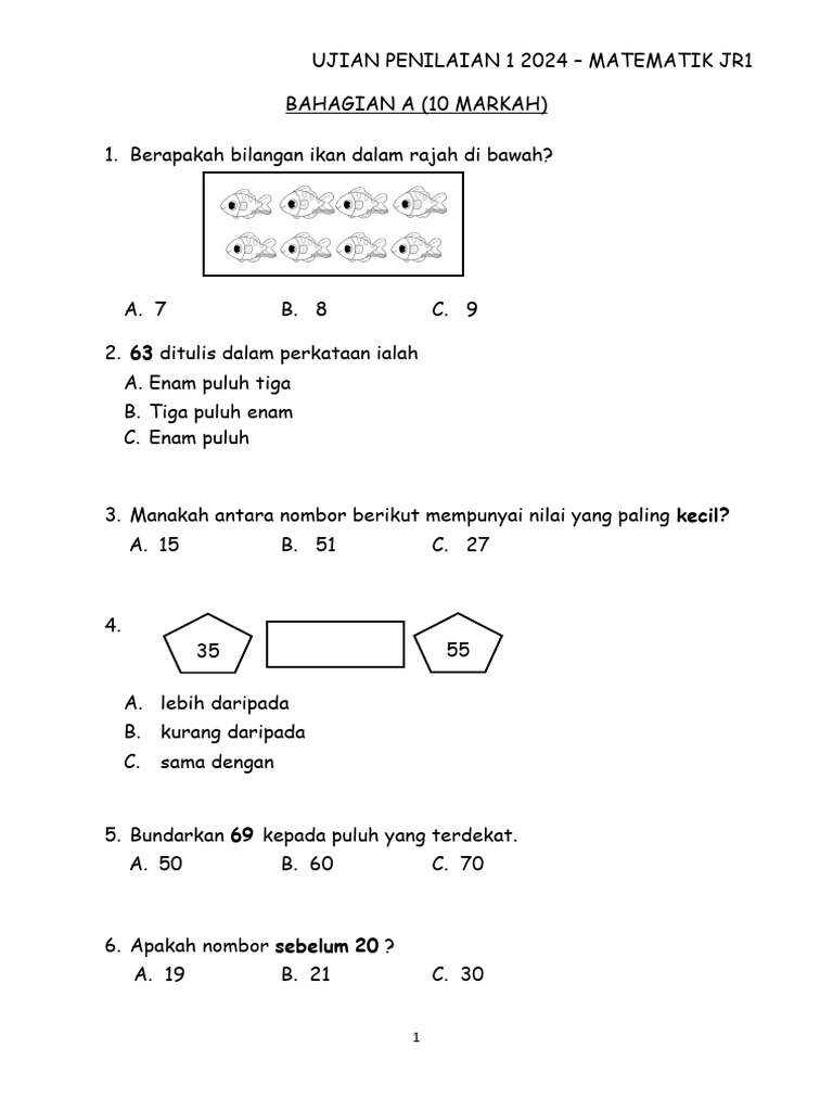 Math Tahun 1 - Ujian 1 2024 | PDF