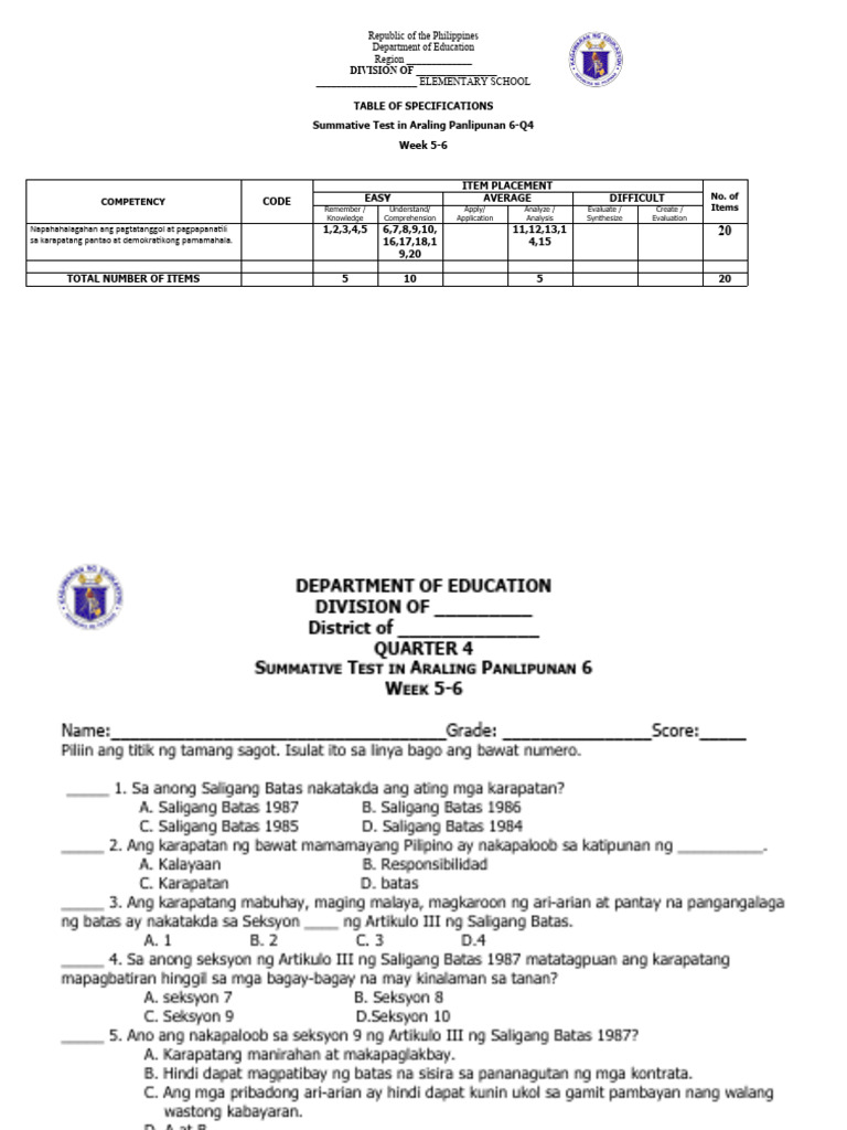 DIVISION OF - Table of Specifications Summative Test in Araling ...