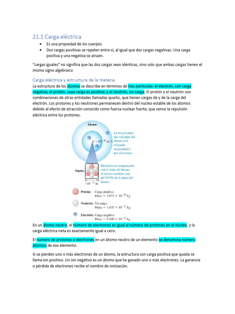 Resumen Del Capitulo 21 | PDF | Protón | Carga eléctrica