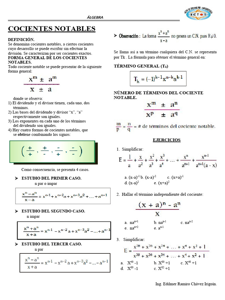 Cocientes Notables: Fórmulas y Ejercicios | PDF | División (Matemáticas ...