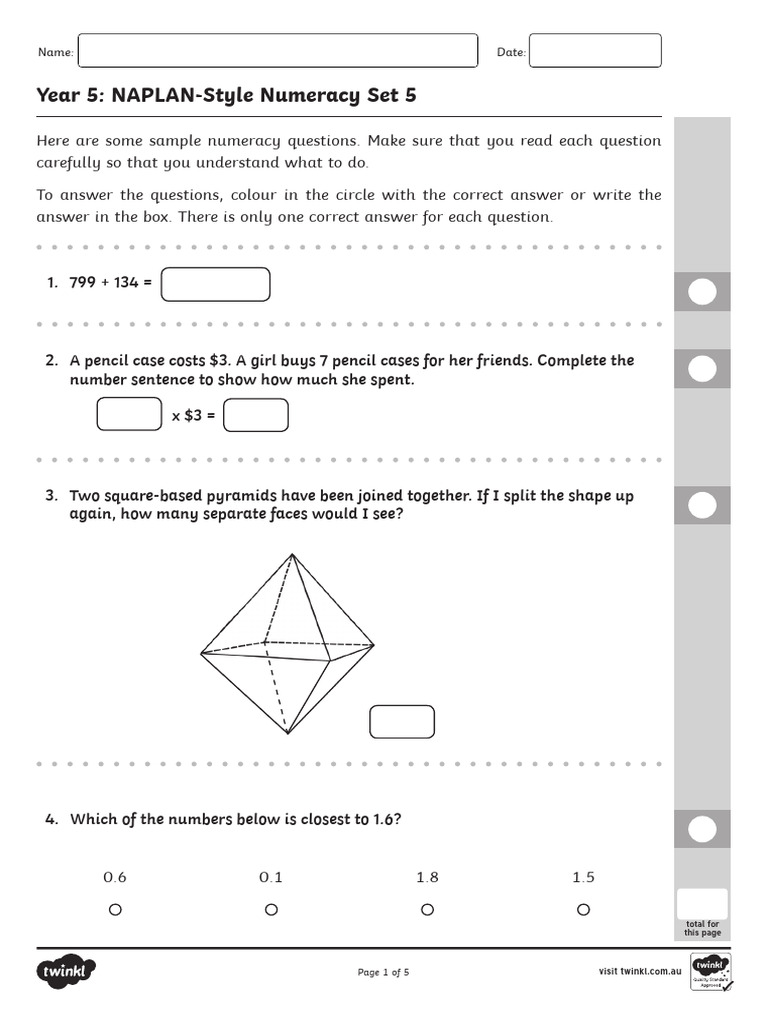 NAPLAN Style Year 5 Numeracy Questions - Set 5 | PDF