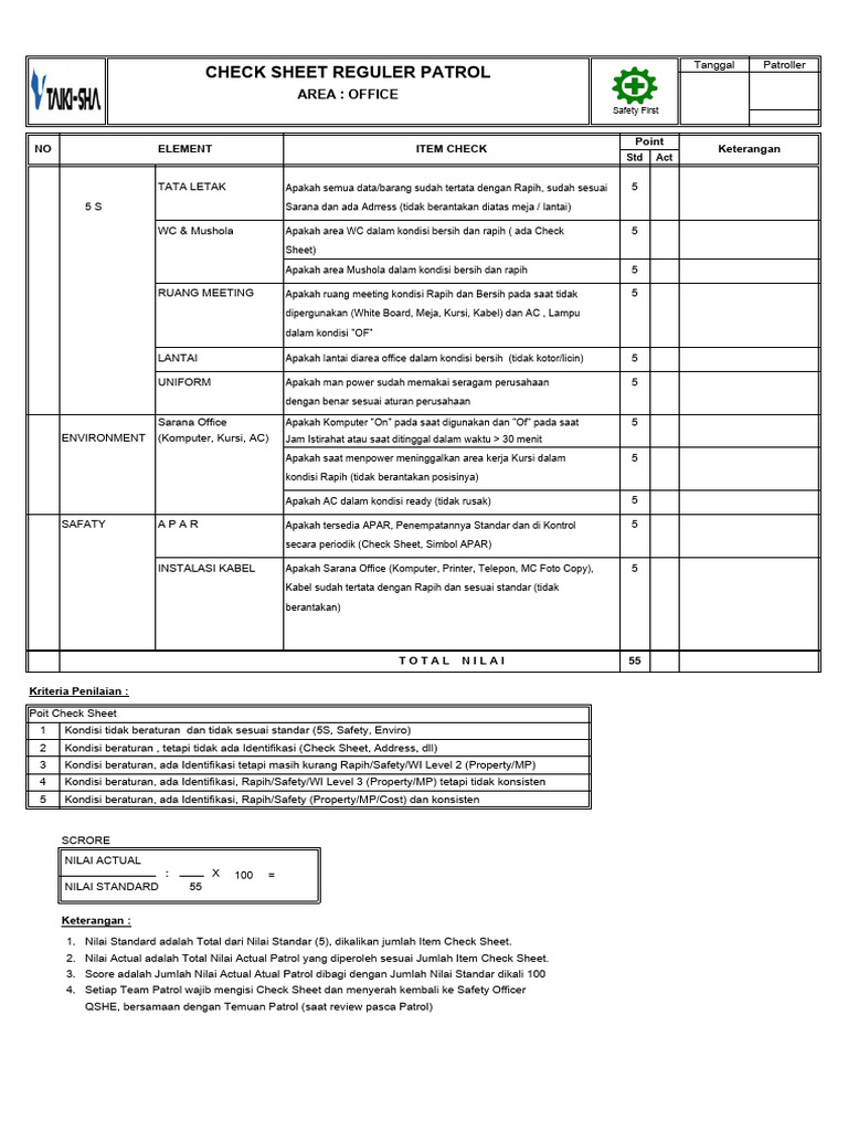 Checksheet Patrol Regular | PDF