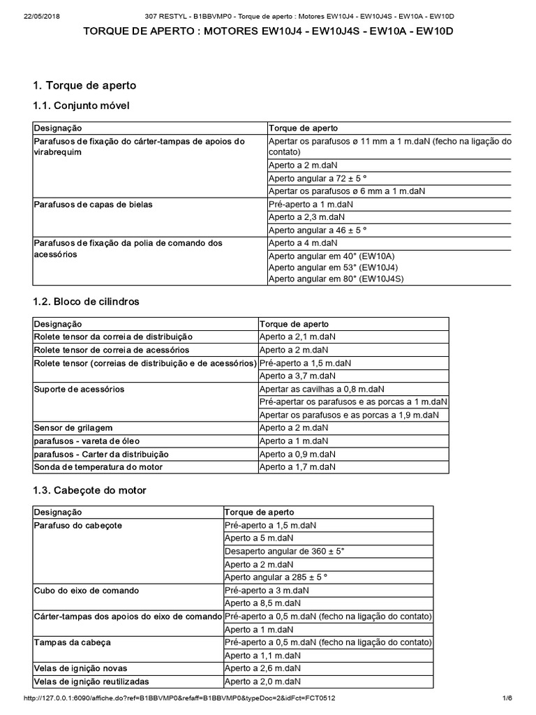 Torque de Aperto para Motores EW10 | PDF | Tecnologia de motores ...