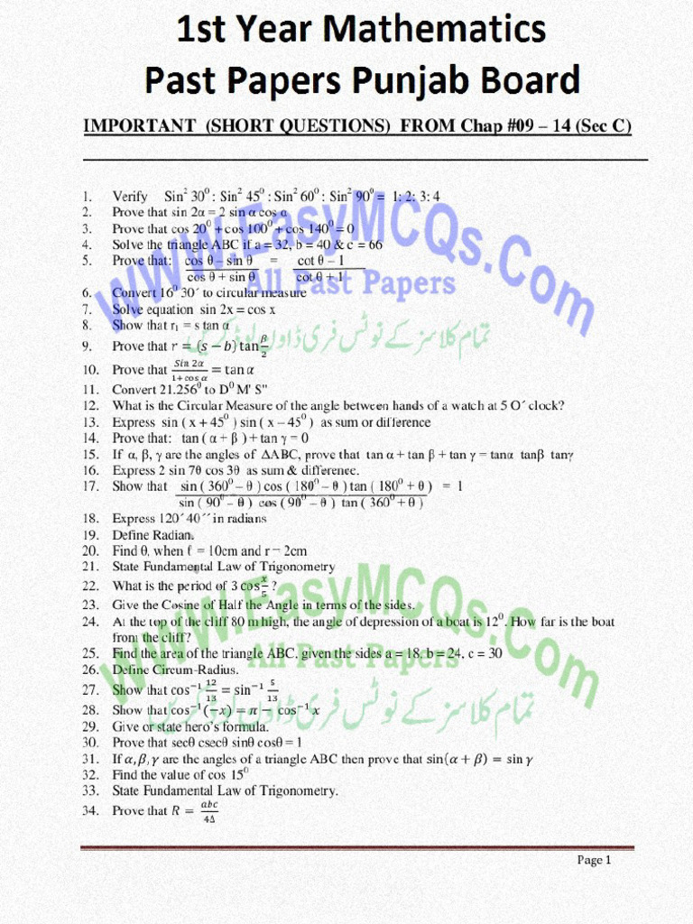 1st Year Mathematics Past Papers Short Question Answers | PDF