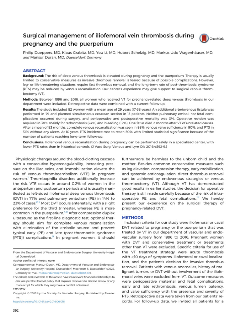 Surgical Management of Iliofemoral Vein Thrombosis During Pregnancy and ...
