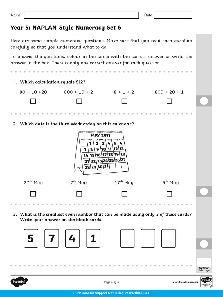 Au N 1665280912 Year 5 Naplan Style Interactive PDF Numeracy Example ...
