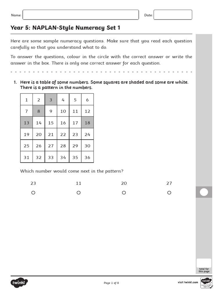 NAPLAN Style Numeracy Year 5 Example Test Exam Questions Test 1 | PDF ...