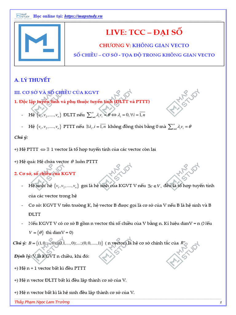 LIVE ĐS - Cơ sở - Tọa độ - Số chiều KGVT - Thầy Lam Trường | PDF
