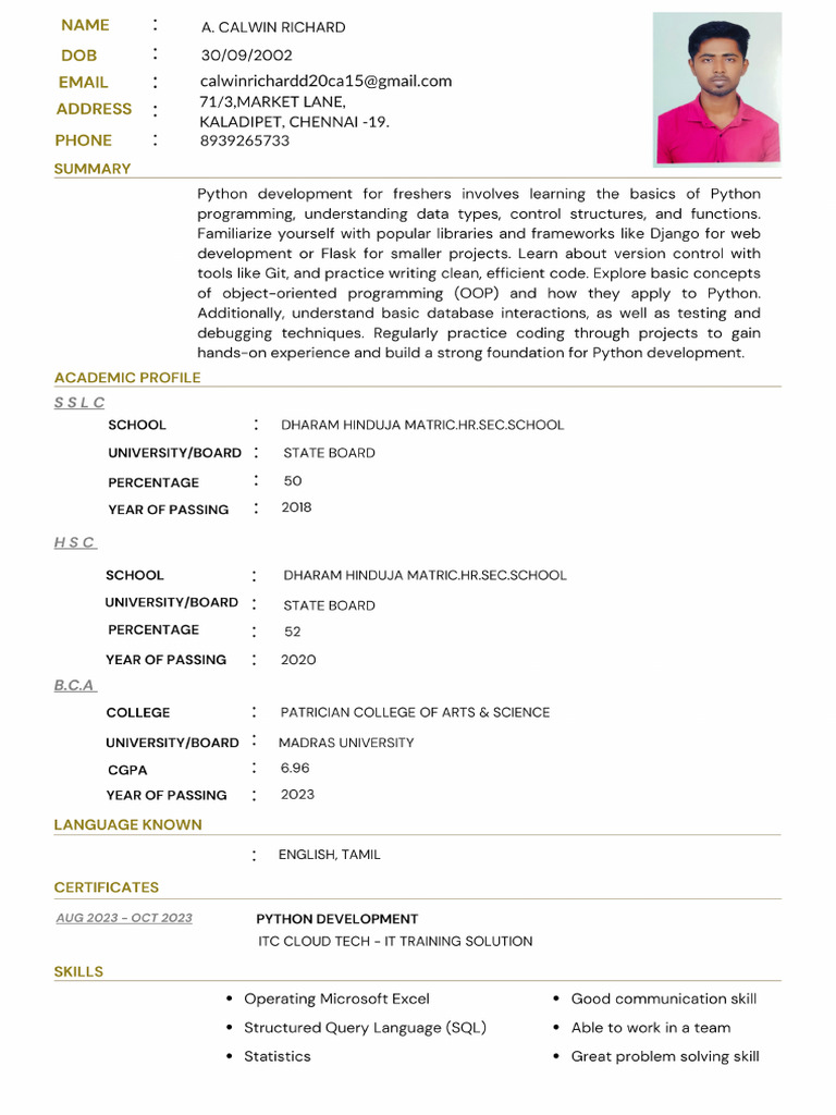 A.CALWINRICHARD Fresher | PDF