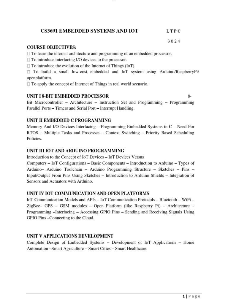 CS3691 EMBEDDED SYSTEMS AND IOTl 1 To 4 Unit | PDF | Microcontroller | Assembly Language