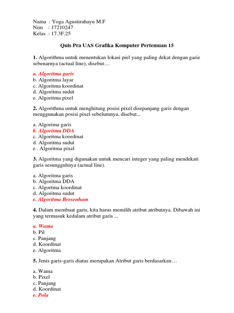 SOAL QUIS GRAFIKA KOMPUTER PERTEMUAN 15 Pra UAS | PDF