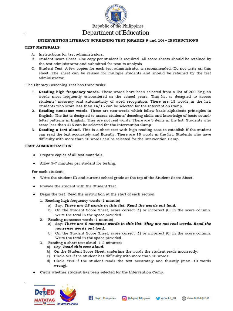 2024 Intervention English Screening Test G9 G10 - With Instructions ...