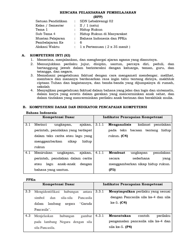 Contoh RPP Kelas 2 PPKN | PDF