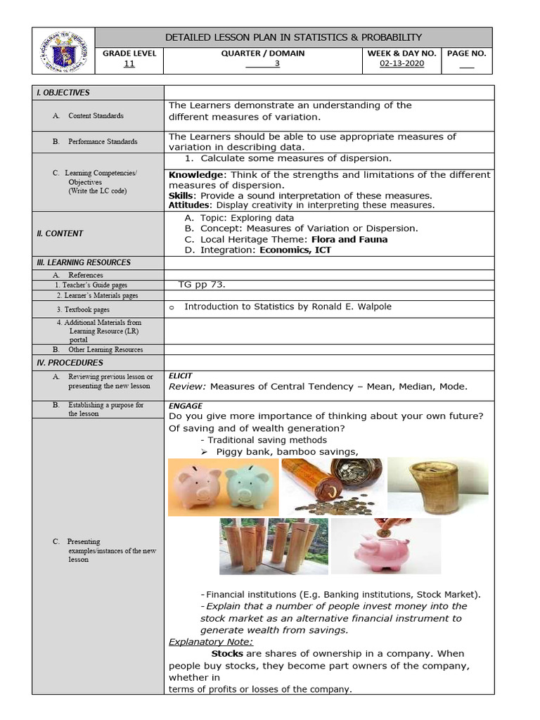 Sample Lesson Plan For Statistics | PDF | Statistical Dispersion ...
