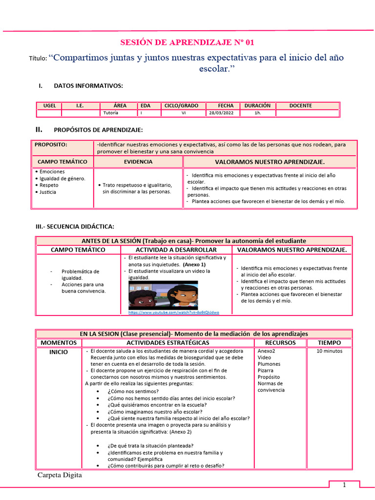 Sesión de Aprendizaje N°1-Tutoria | PDF | Las emociones | Aprendizaje