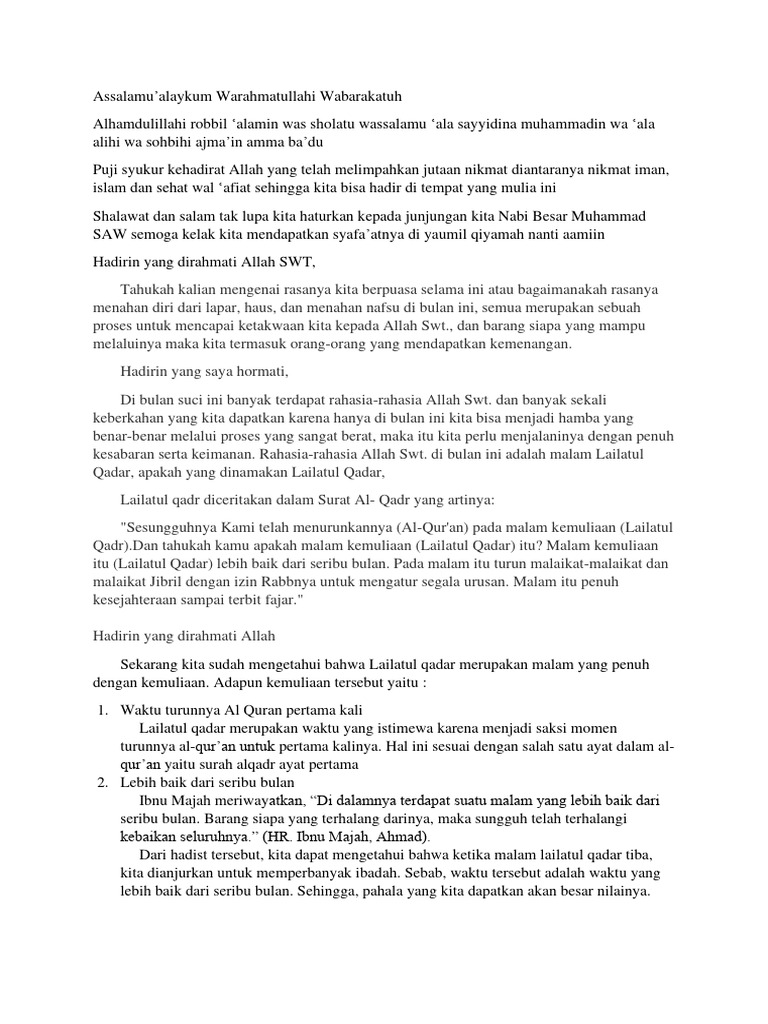 Teks Pidato Kemuliaan Lailatul Qadr | PDF